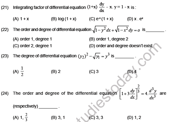 JEE Mathematics Differential Equations MCQs Set B with Answers